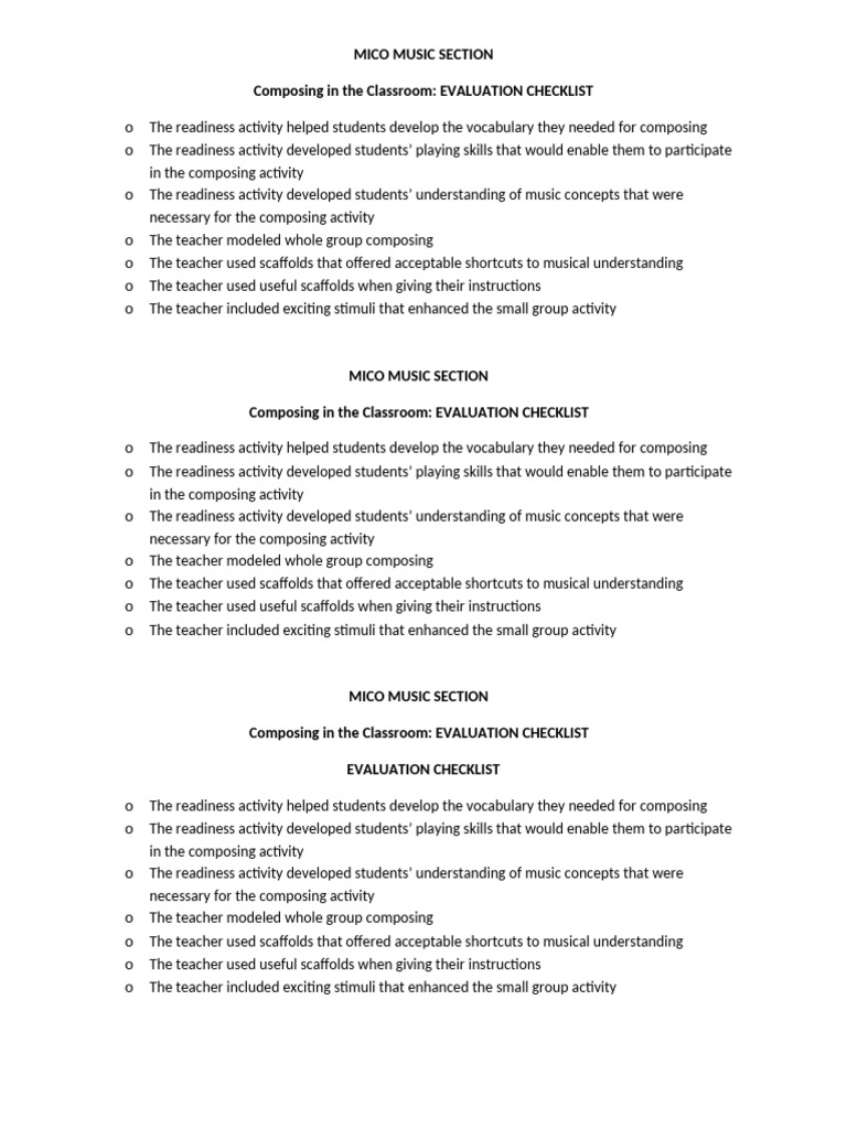 Composing in The Classroom Eval Checklist | PDF
