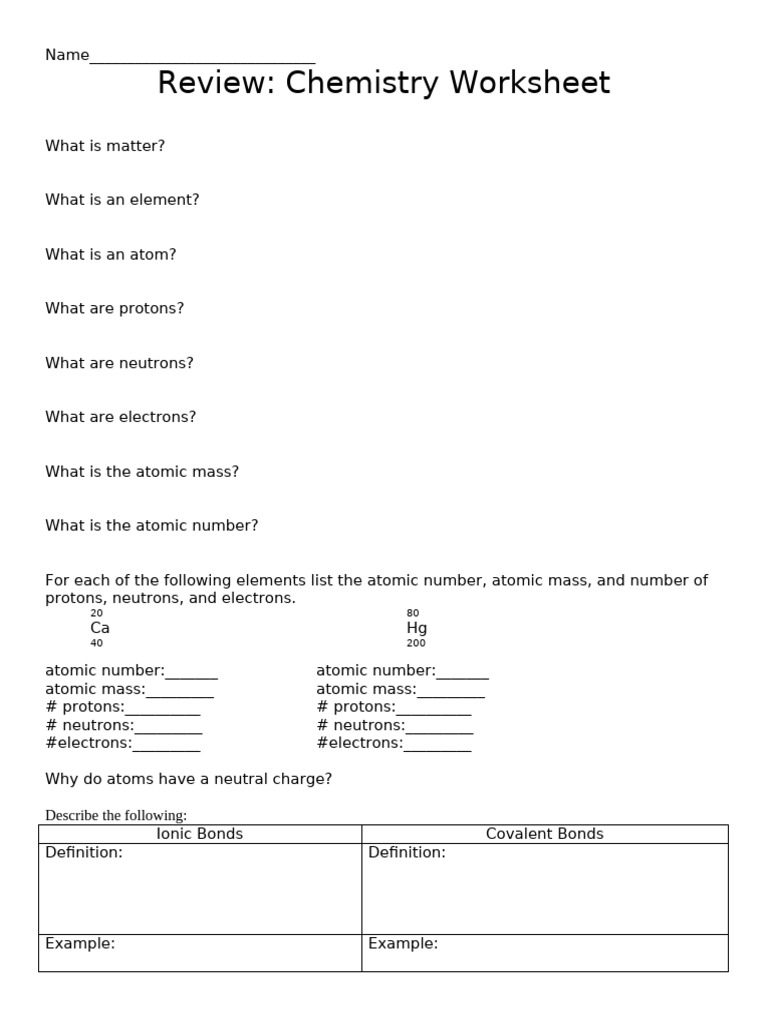 Chapter 2 Chemistry Worksheet | PDF | Science & Mathematics