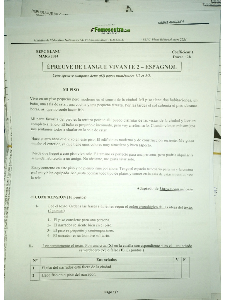 Sujet+Barème Bepc Blanc 2024 Lv2 Espagnol Dren Abidjan 4 | PDF