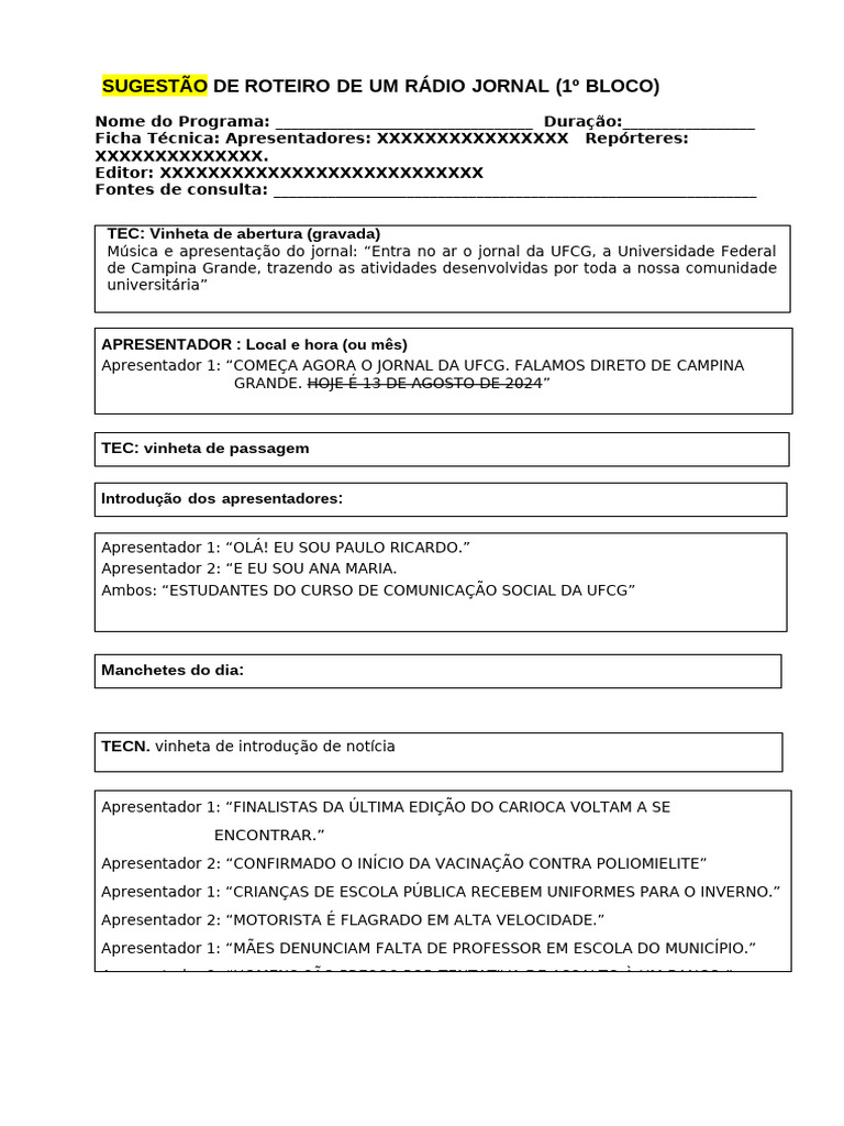 Modelo de Roteiro Radiojornal | PDF