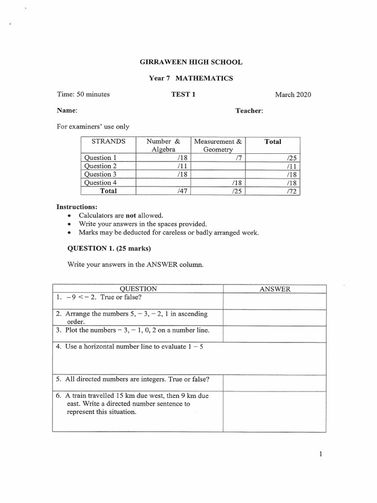 Y7 Test 1 2020 Paper | PDF