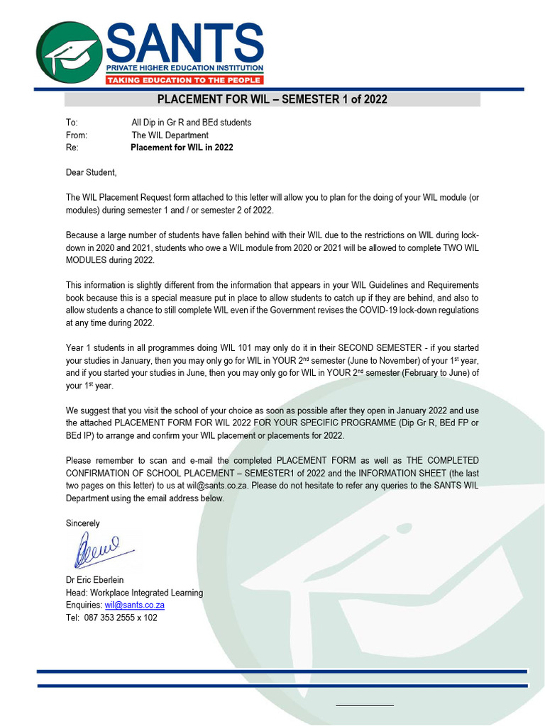 WIL Placement Form - All New Programmes 2022 Final | PDF | Teachers