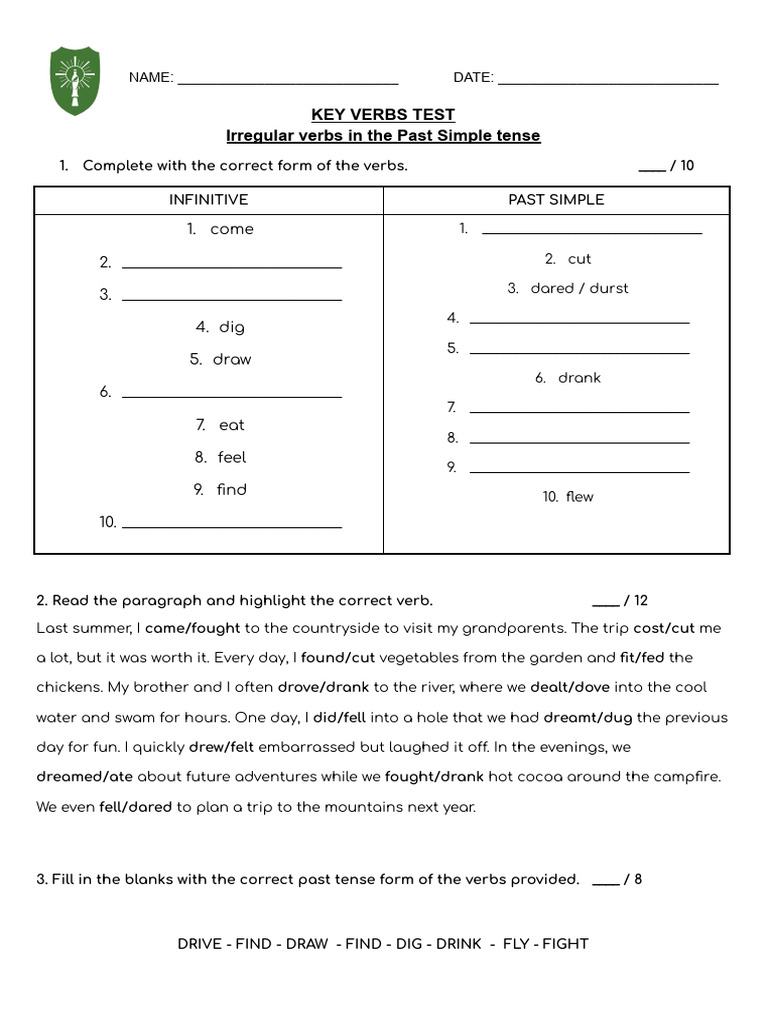 Irregular Verbs Past Simple Test | PDF | Syntax | Grammar