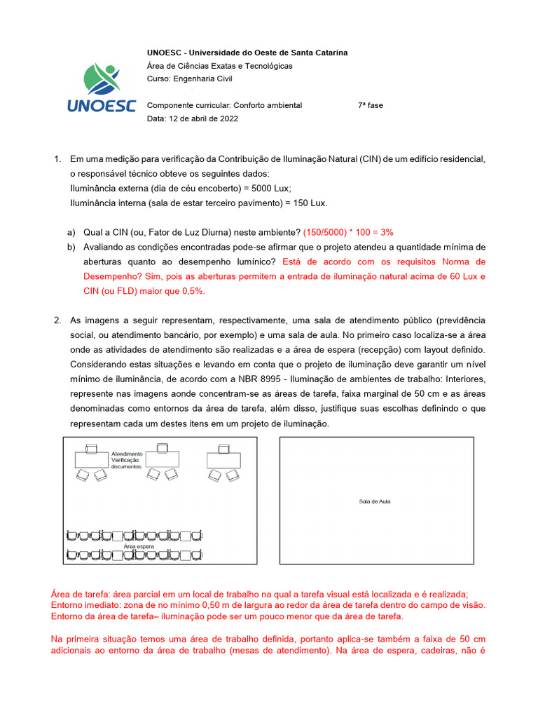 Conforto Ambiental - Exercícios Conforto Luminoso - Gabarito | PDF