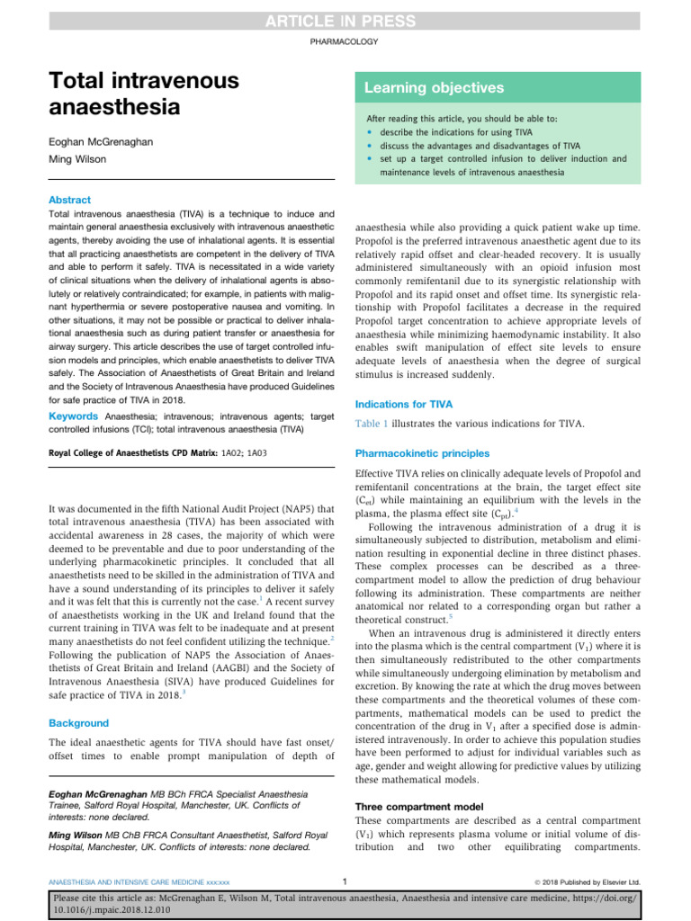 (2019). Total intravenous anaesthesia. Anaesthesia & Intensive Care ...