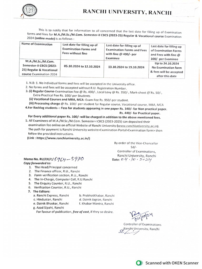 Filling Up of Examination Form & Fees For M.A., M.Sc.,M.Com - Semester-II CBCS (2023-25) Regular ...