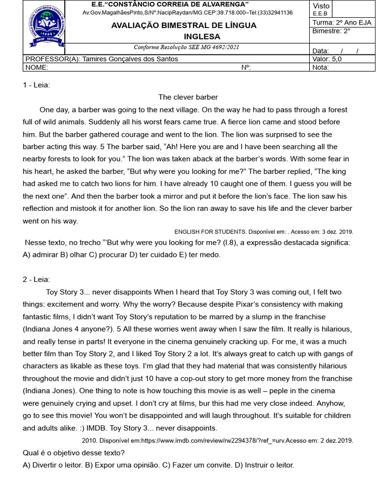 Aval 2° Ano EJA Ingles 2°bim 2024 | PDF