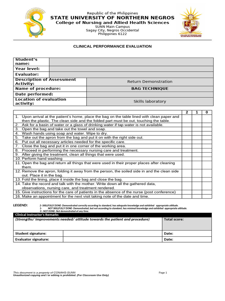 Bag Technique Checklist | PDF | Nursing | Hand Washing