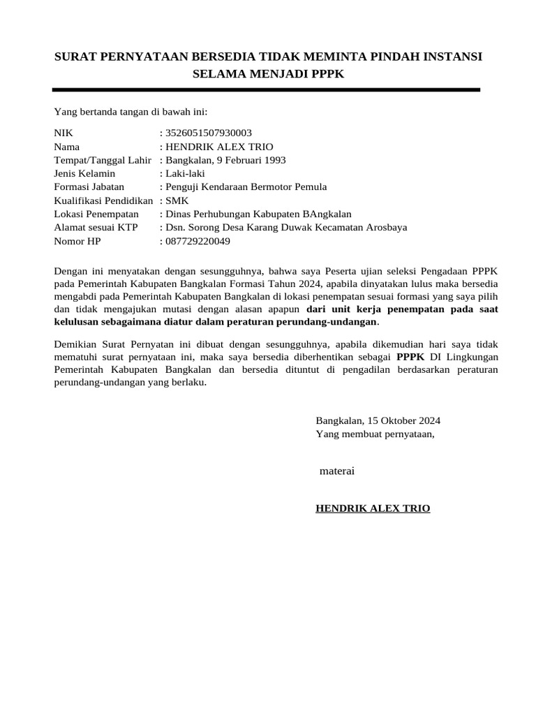 Surat Pernyataan Bersedia Tidak Meminta Pindah Instansi Selama Menjadi PPPK (Lia) | PDF
