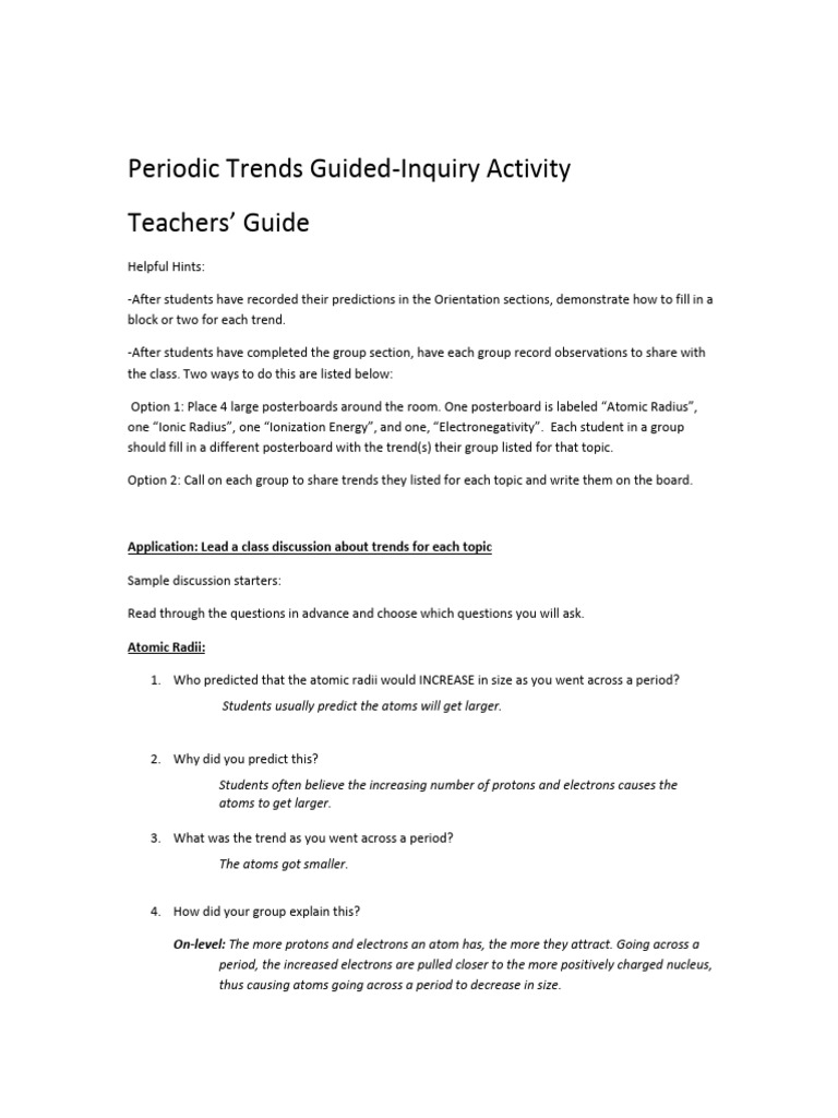 Open Periodic-Trends-Guided-Inquiry-Activity-Teacher | PDF | Atoms ...