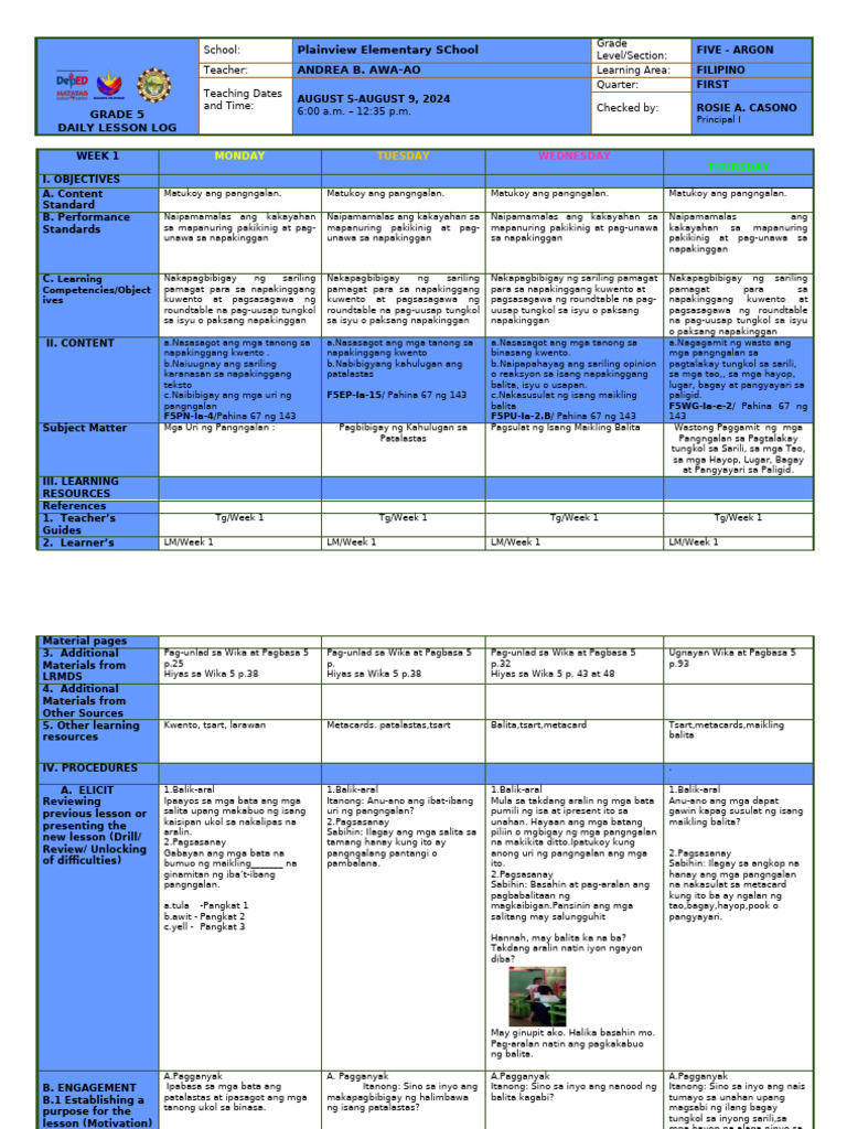 DLL Fil 1st Quarter Grade 5 | PDF
