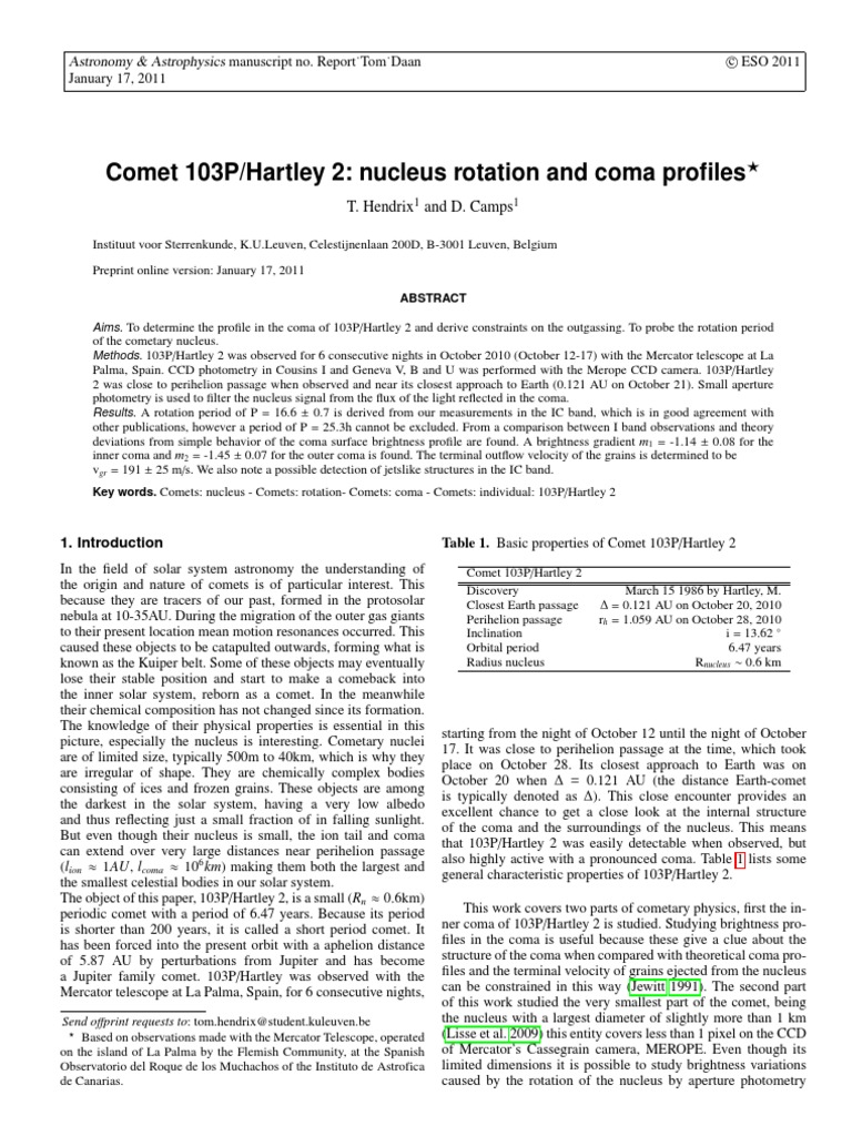 Comet 103P/Hartley 2: Nucleus & Coma Analysis | PDF | Social Science ...