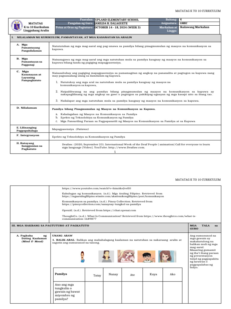 DLL Matatag - GMRC 4 Q2W3 | PDF