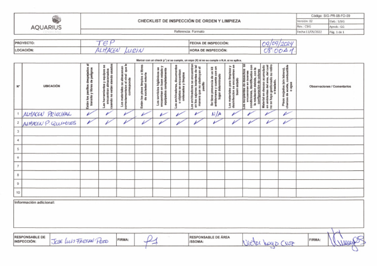 2024-09-09 CHECK LIST DE INSPECCIONES DE ORDEN Y LIMPIEZA | PDF