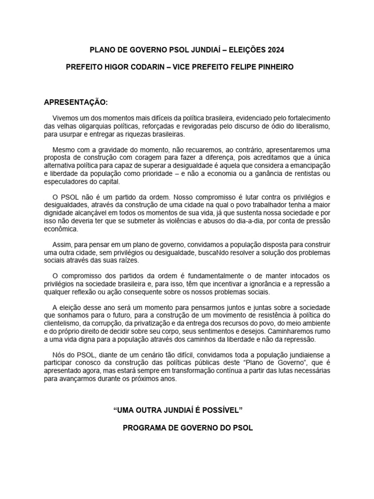 Plano de Governo Psol Jundiaí Eleições 2024 Prefeito Higor Codarin Vice ...
