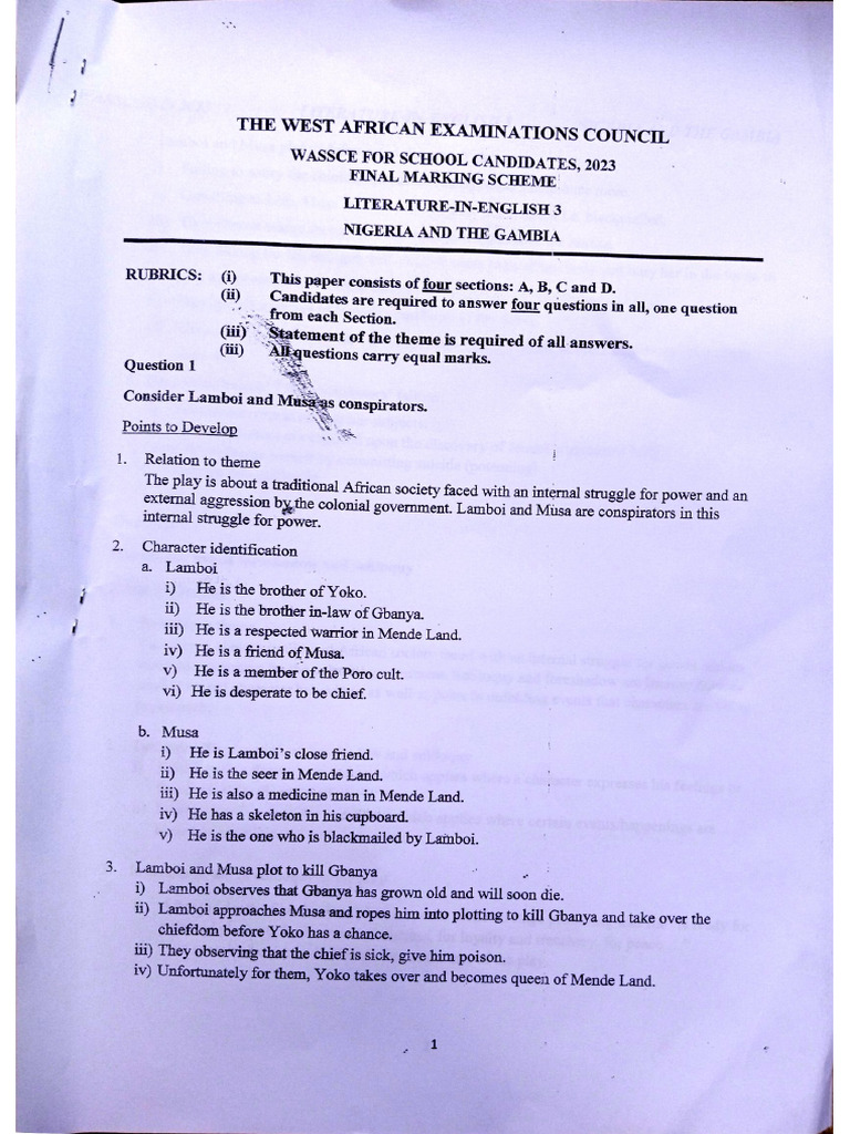 Waec 2023 Literature 3 (D & P) Mark Scheme | PDF