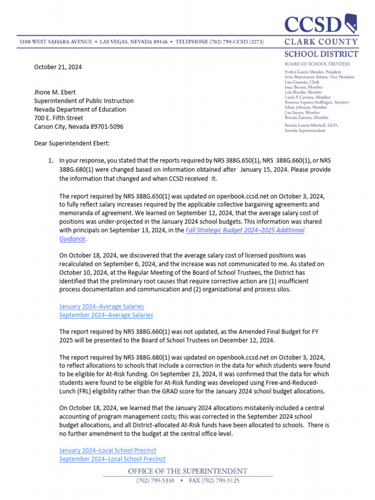 CCSD NDE Budget Follow-Up Response Letter 10.21.24 | PDF | Salary | Lawsuit