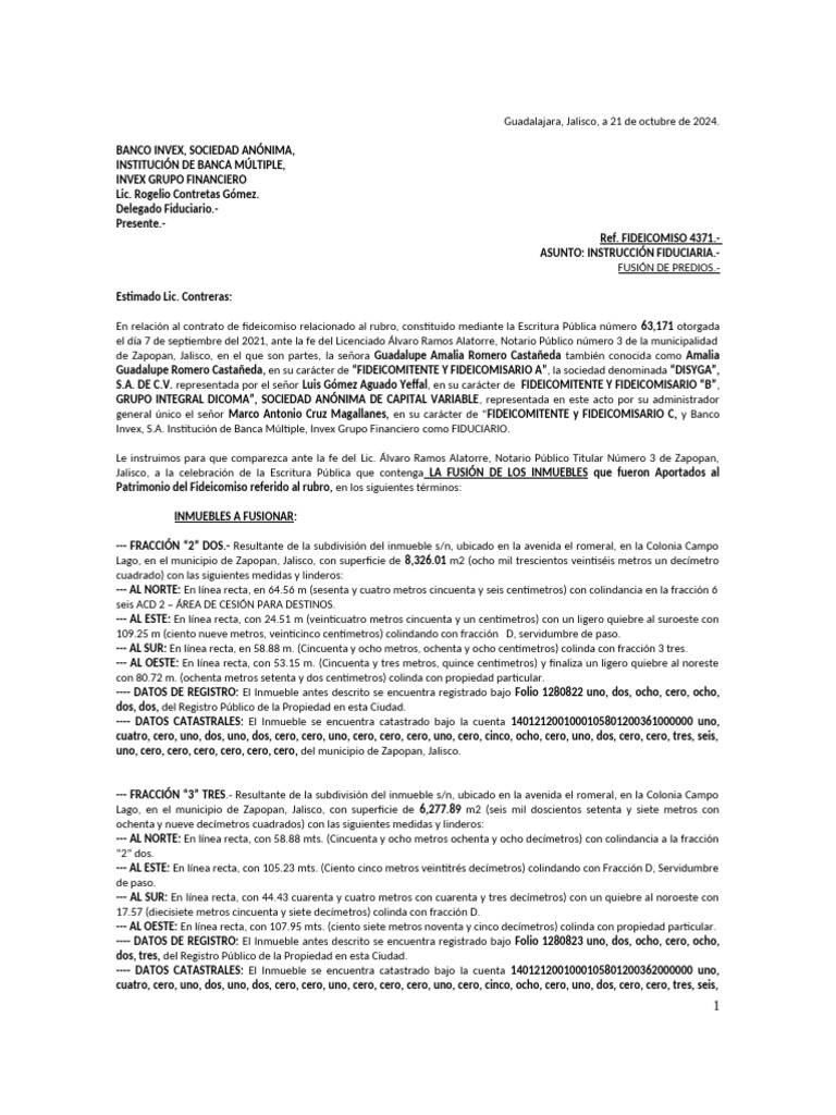 Carta Instruccion Fusión de Predios Elromeral - 241021 | PDF | Derecho Civil (Common Law)
