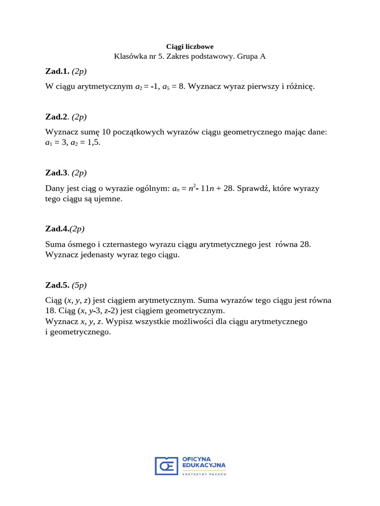 2021 5 Klasowka kl3 Ciagi Liczbowe ZP Ab Wer Tech | PDF