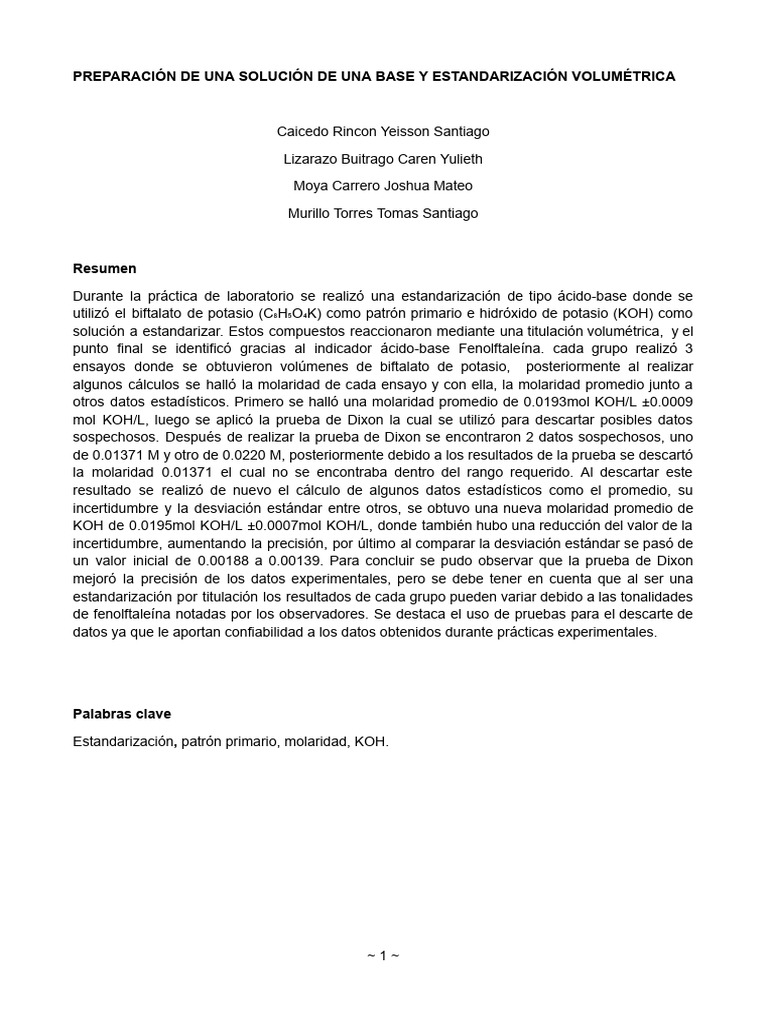 Informe 2 - Estandarización Volumétrica | PDF | Valoración | Química