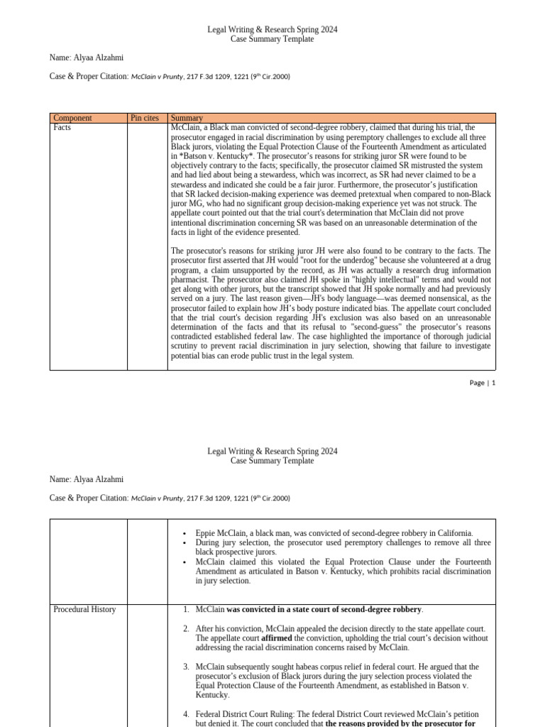 Case Summaries Template | PDF | Batson V. Kentucky | Fourteenth ...