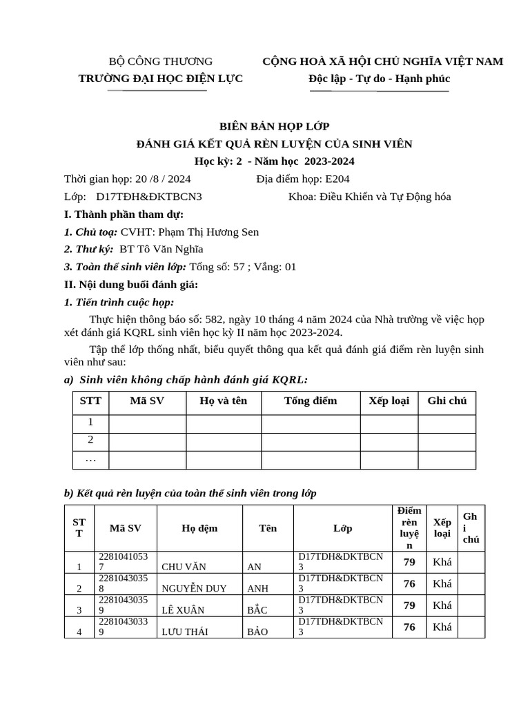KQRL - D17TDH&DKTBCN3 - DKTDH - Pham Thị Huong Sen - BB HL - K2 - 2324 ...
