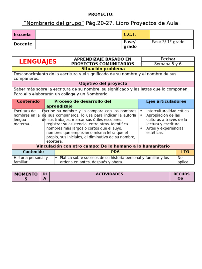 Proyecto Nombrario: Aprendizaje de Nombres | PDF | Salón de clases