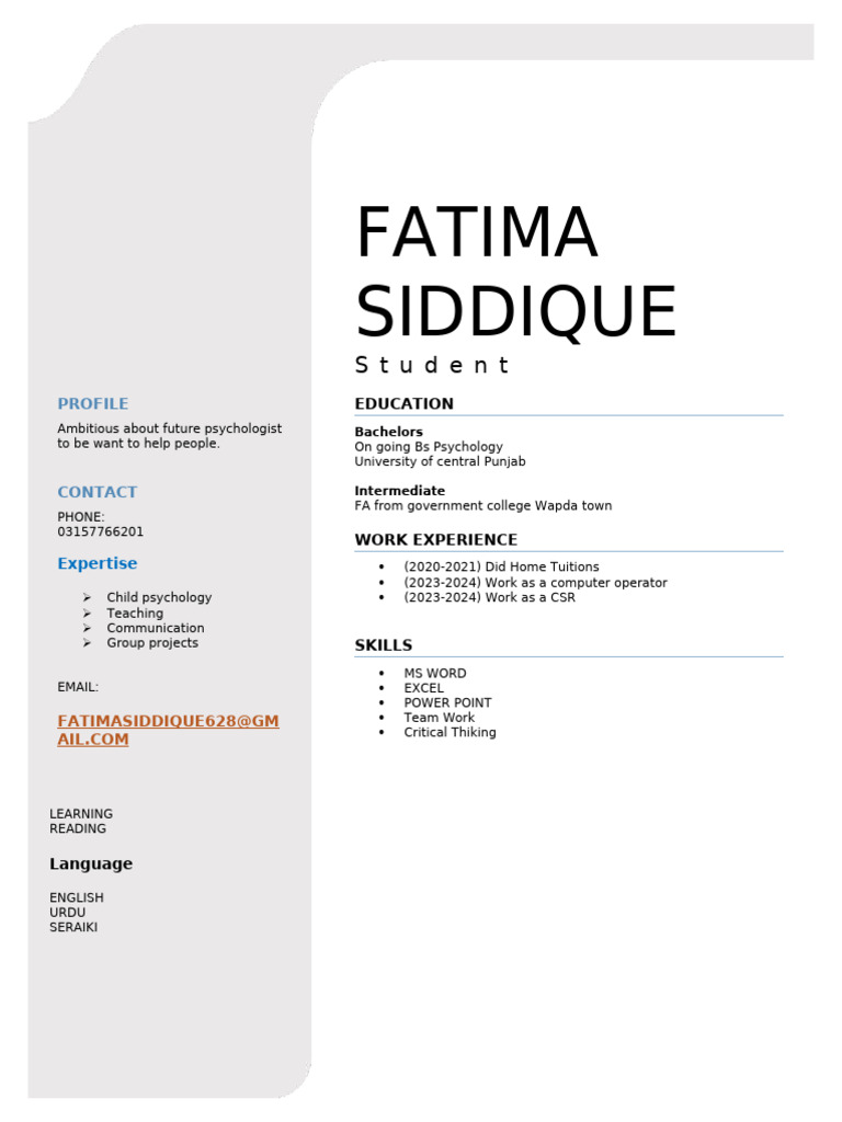 FATIMA Siddique cv | PDF