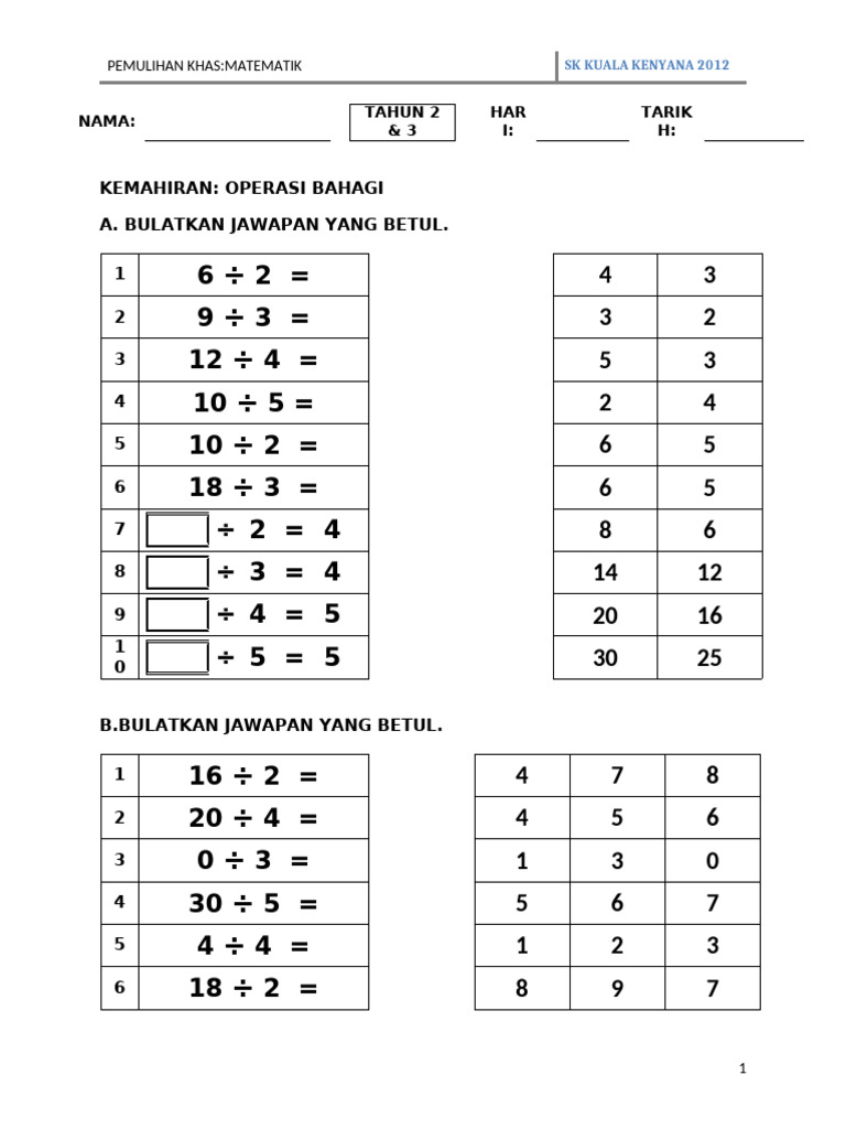 Latihan Operasi Bahagi Tahun-3 | PDF