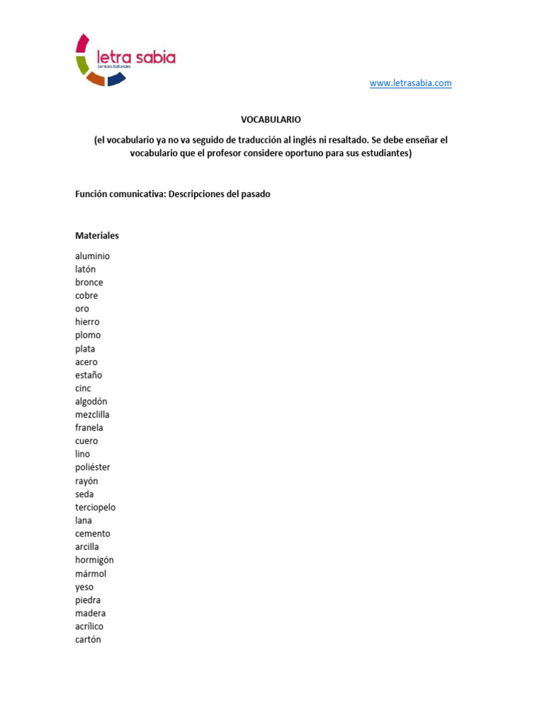 Vocabulario y Descripciones del Pasado | PDF