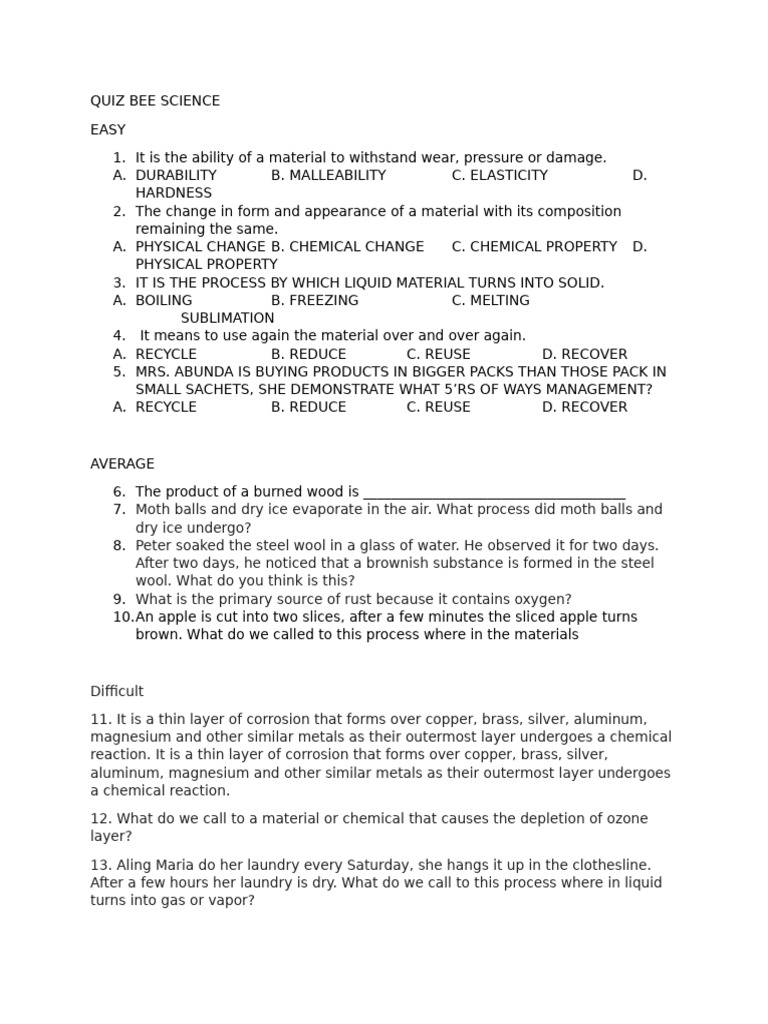 Science Quiz Bee Questions and Answers | PDF