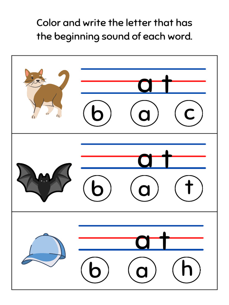 Color and Write The Letter That Has The Beginning Sound of Each Word ...