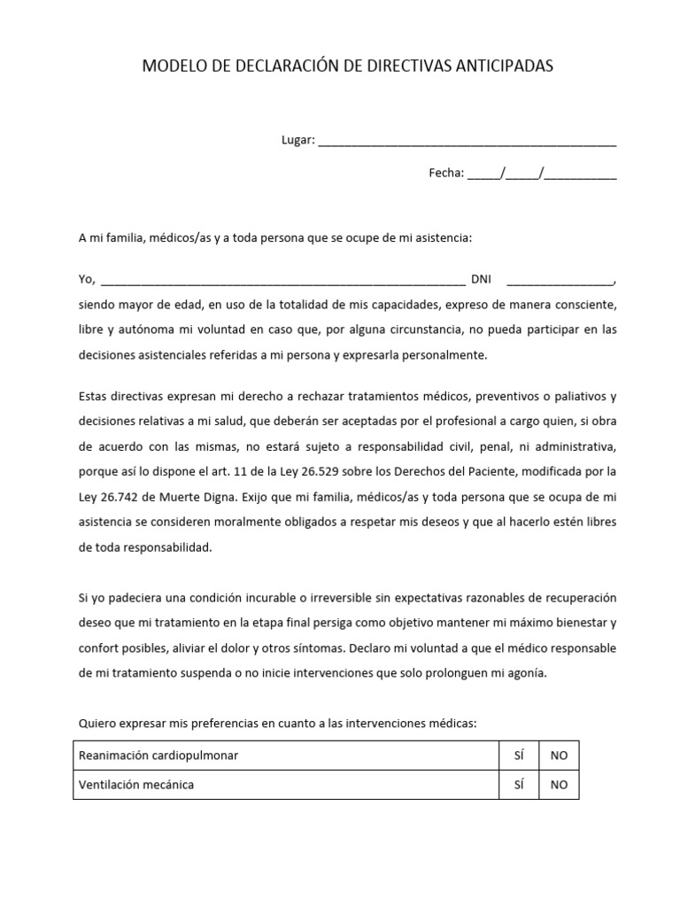modelo_directiva_anticipada_pami (1) | PDF | Medicina CLINICA | Cuidado ...