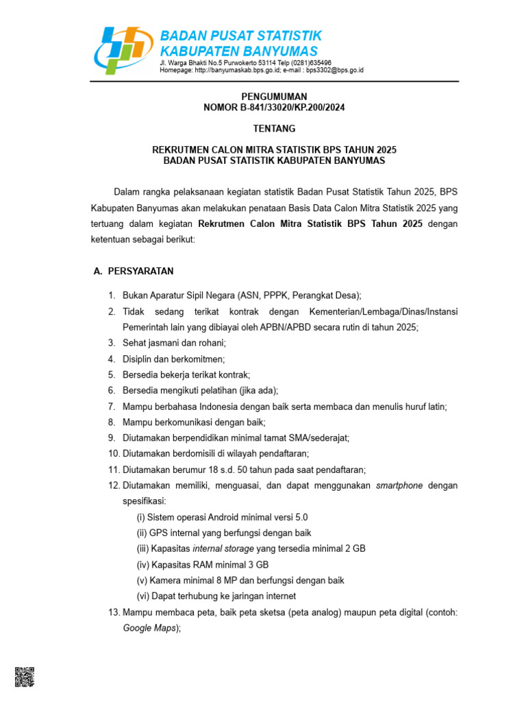 Pengumuman Rekrutmen Mitra Bps 3302 2025_ Sign | PDF