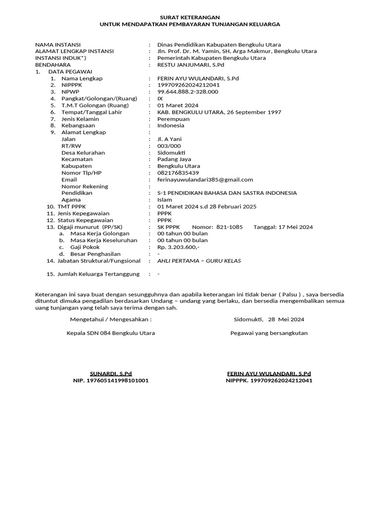 Surat Keterangan Tunjangan Keluarga | PDF