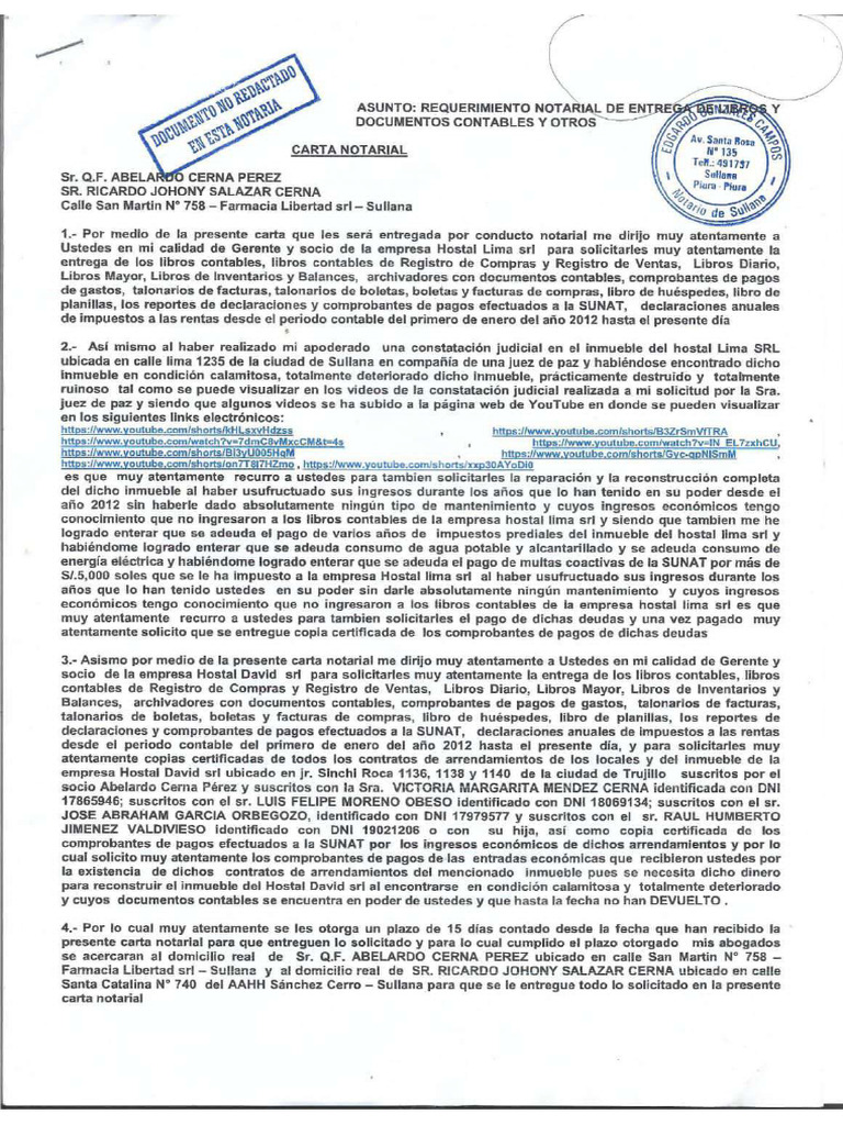 1 MODELO DE CARTA NOTARIAL SOLICITANDO LIBROS CONTABLES | PDF