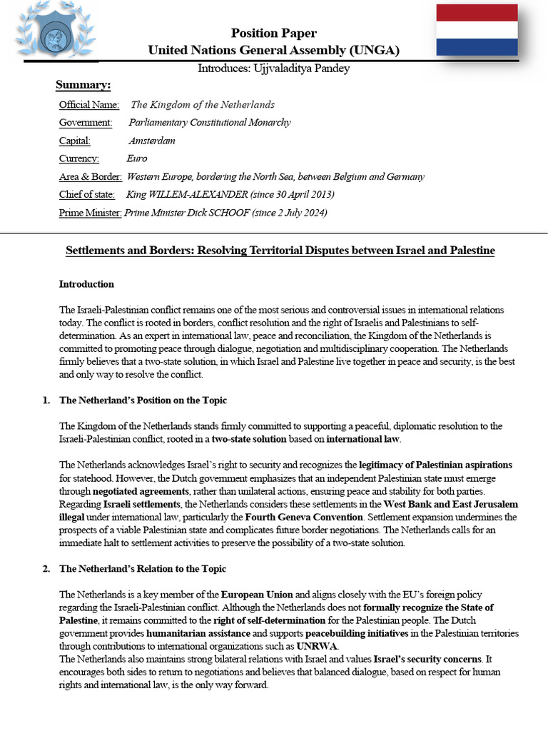 POSITION PAPER UNGA NETHERLANDS | PDF | Israeli Settlement | Palestinian Territories