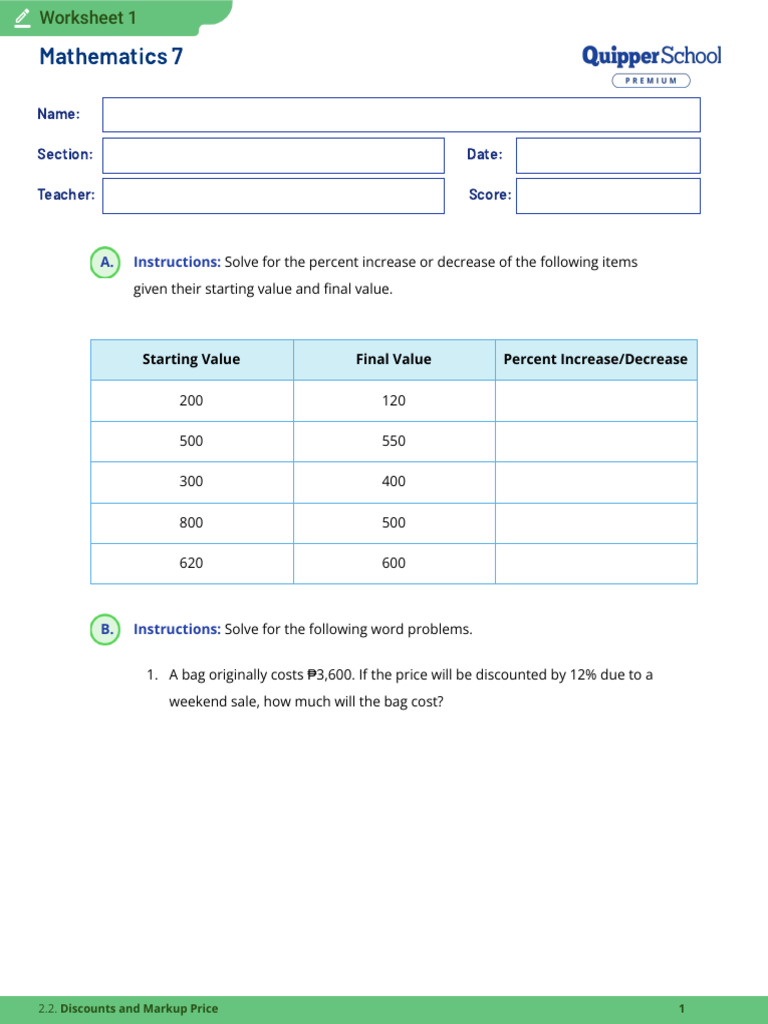 Mathematics 7: Name: Section: Date: Teacher: Score | PDF