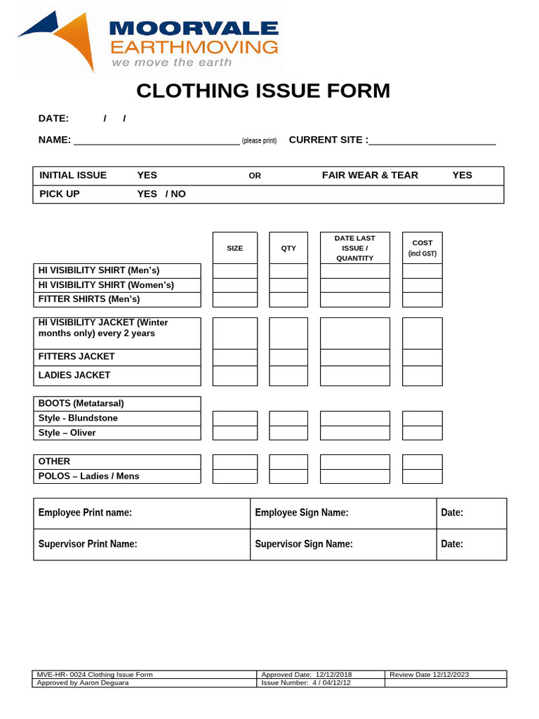 CLOTHING ISSUE FORM | PDF