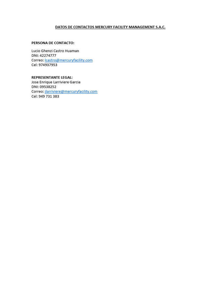 Datos de Contactos Mercury Facility Management S | PDF