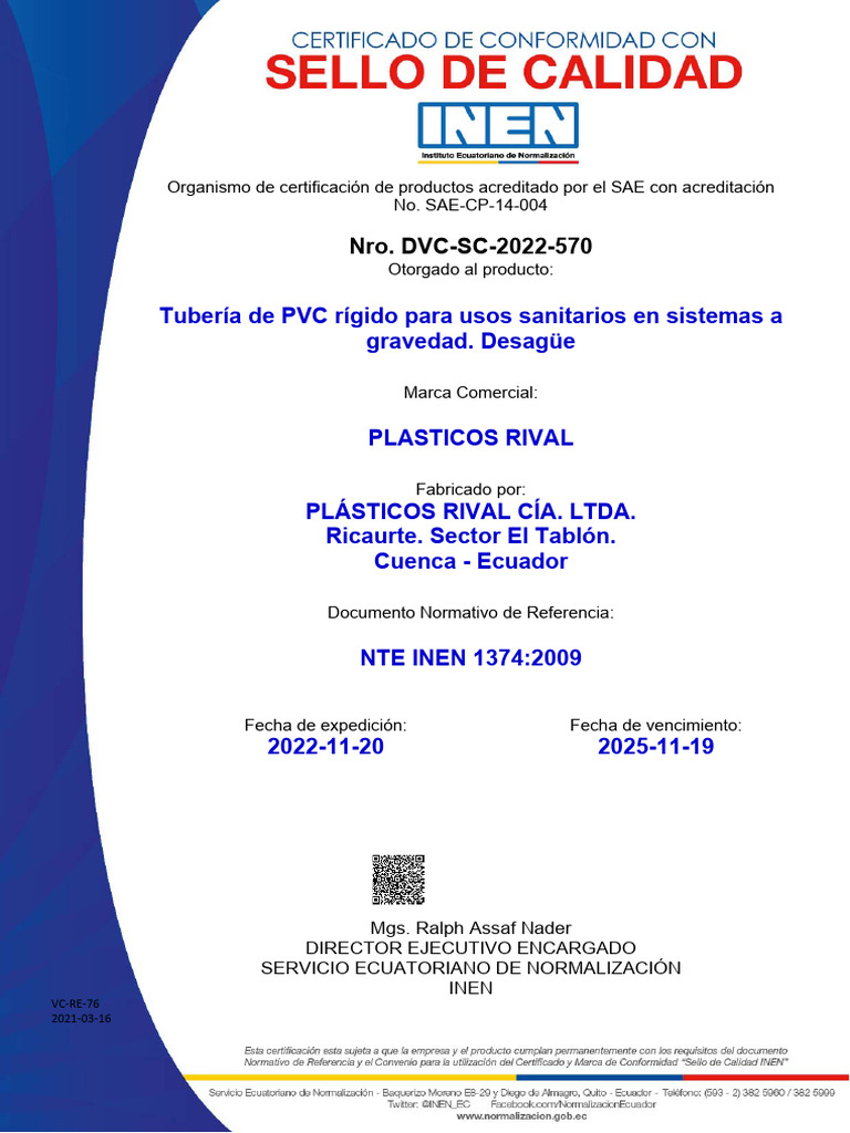 RIVAL PVC NTE INEN 1374 2009 TuberiaUsosSanitariosSistemasGravedadDesague | PDF