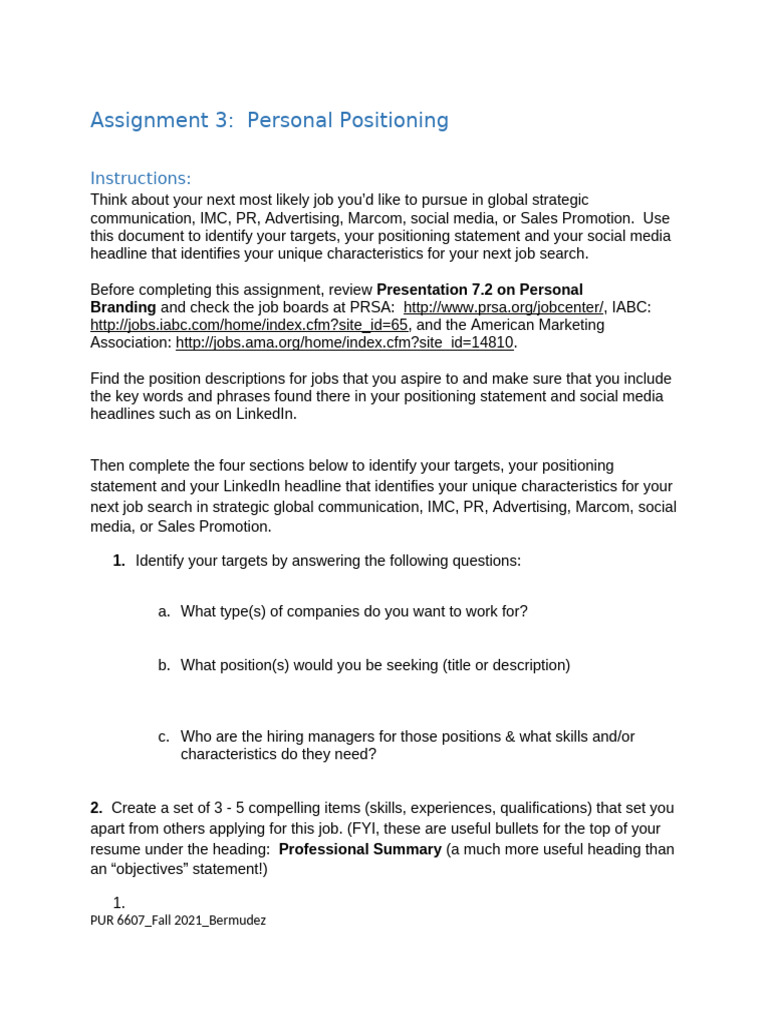 PUR6607-F21 - Assignment 3 - Personal Positioning | PDF | Linked In ...