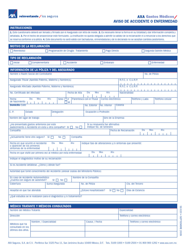 Aviso de Accidente o Enfermedad AXA | PDF | Póliza de seguros | Medicina