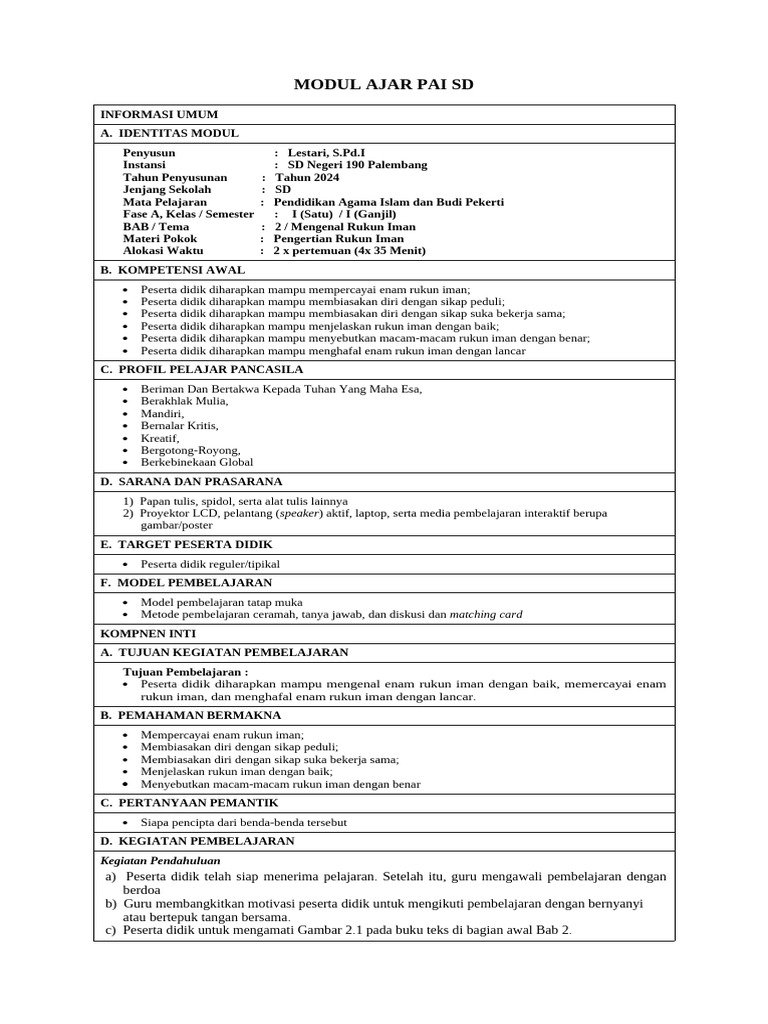 Modul Ajar Pai Kelas 1 BAB 2 | PDF
