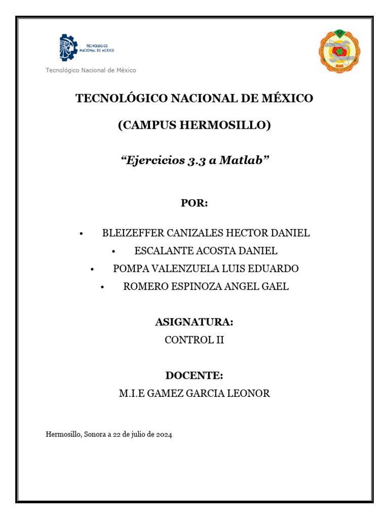 3.3 Ejercicios en Matlab Reporte | PDF
