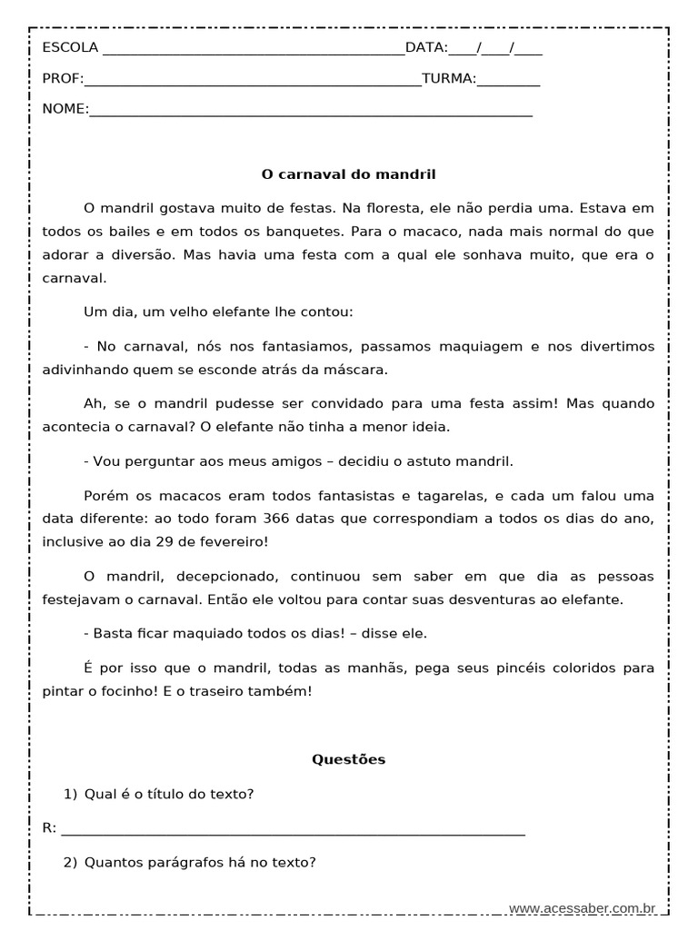 Interpretacao de Texto o Carnaval Do Mandril 3 Ou 4 Ano | PDF | Carnaval