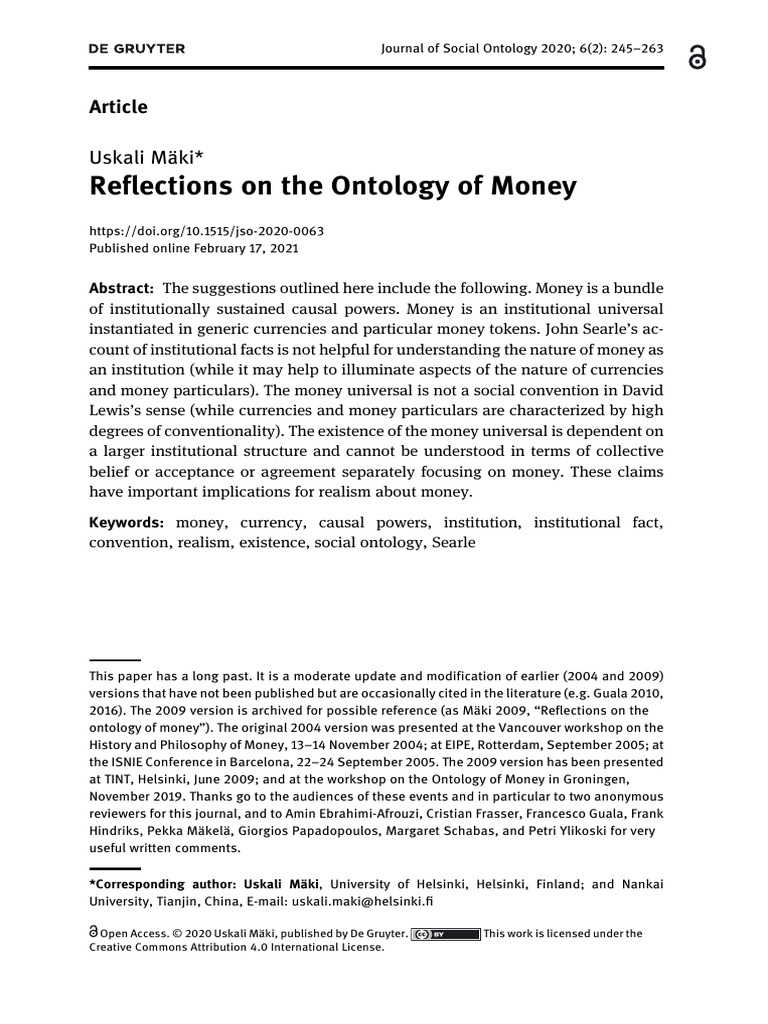 Reflections On The Ontology of Money | PDF | Money | Definition