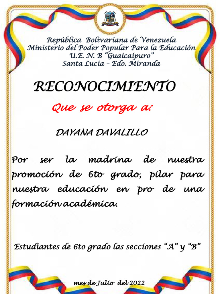 Reconocimientos y Diplomas 6to Grado | PDF | Venezuela