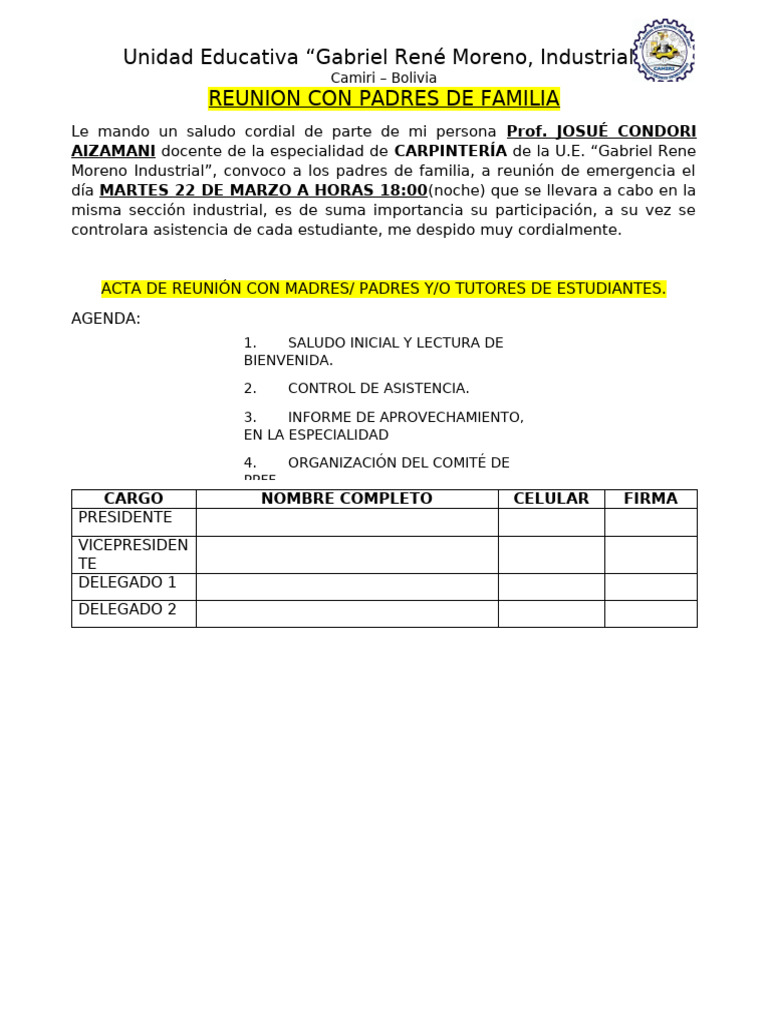 Acta de Reunion Con PPFF | PDF