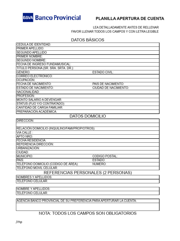 Planilla Apertura de Cuenta | PDF | Documento de identidad